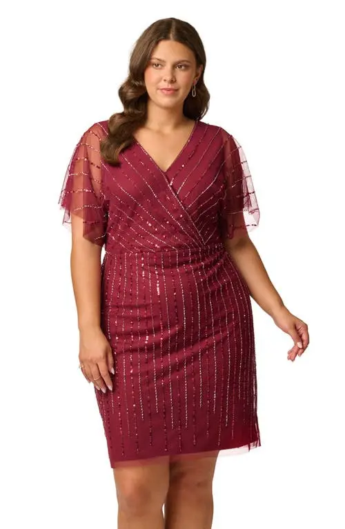 Adrianna Papell Surplice Beaded Mesh Dress