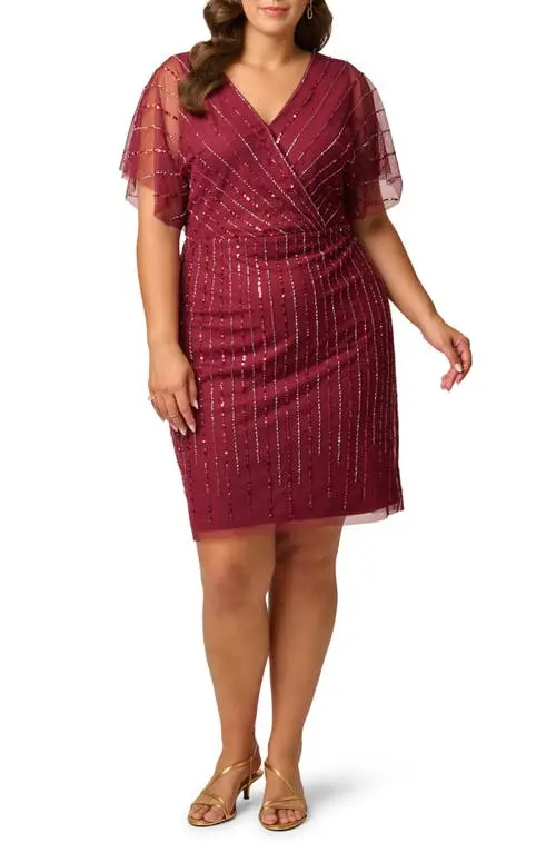 Adrianna Papell Surplice Beaded Mesh Dress - Mahogany