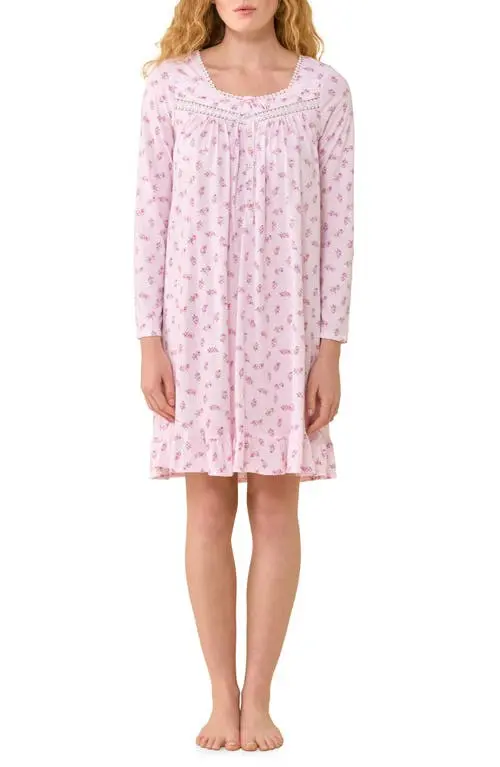 Eileen West Lace Trim Long Sleeve Nightgown - Pink Floral