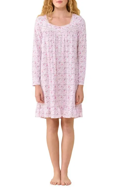 Eileen West Long Sleeve Nightgown With Lace Trim And Floral Print - White Daisy