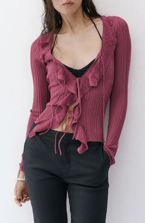 Mango Ruffle Rib Tie Front Cardigan - Wine