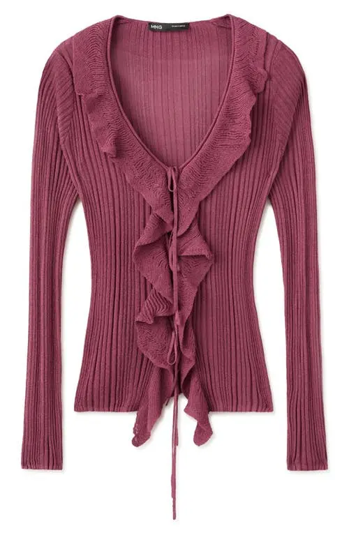 Mango Ruffle Rib Tie Front Cardigan