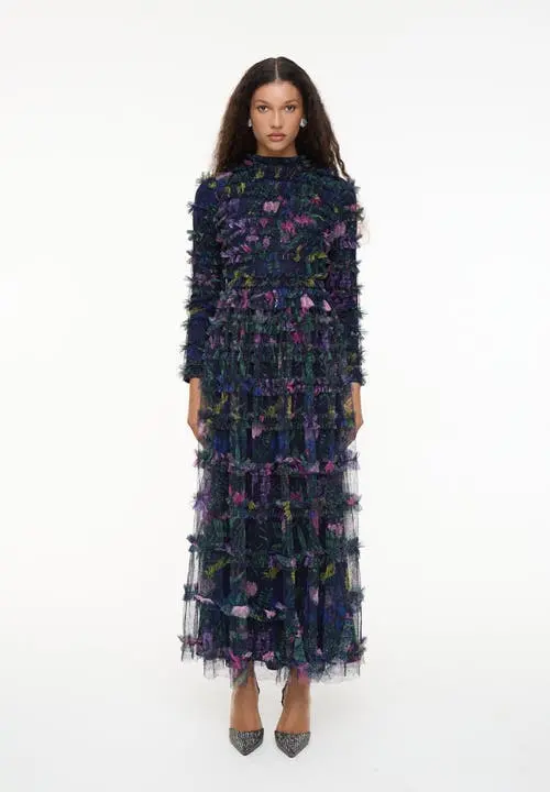 MARYISA Floral Ruffle High Neck Maxi Dress