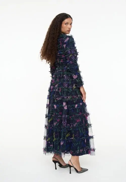 MARYISA Floral Ruffle High Neck Maxi Dress