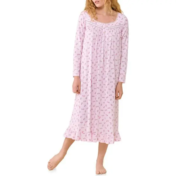 Eileen West Floral Lace Trim Cotton Nightgown - Pink Flr