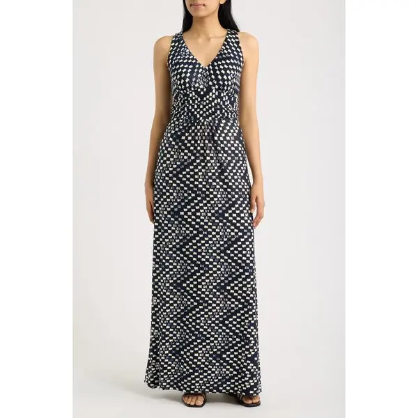 Loveappella Graphic Stripe V-neck Empire Waist Maxi Dress
