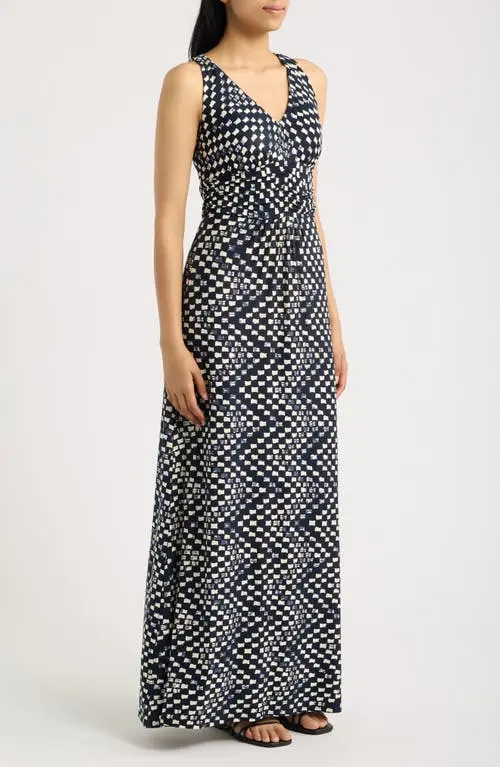 Loveappella Graphic Stripe V-neck Empire Waist Maxi Dress