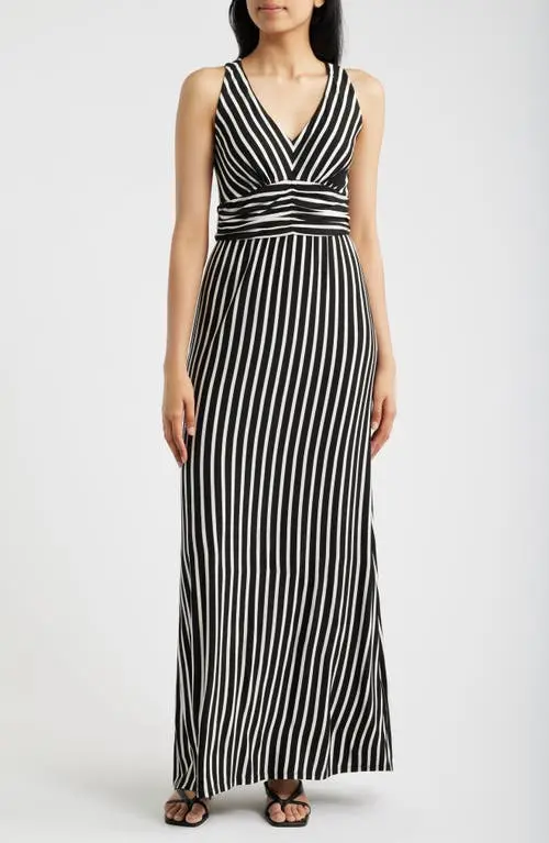 Loveappella Striped V-neck Empire Waist Maxi Dress