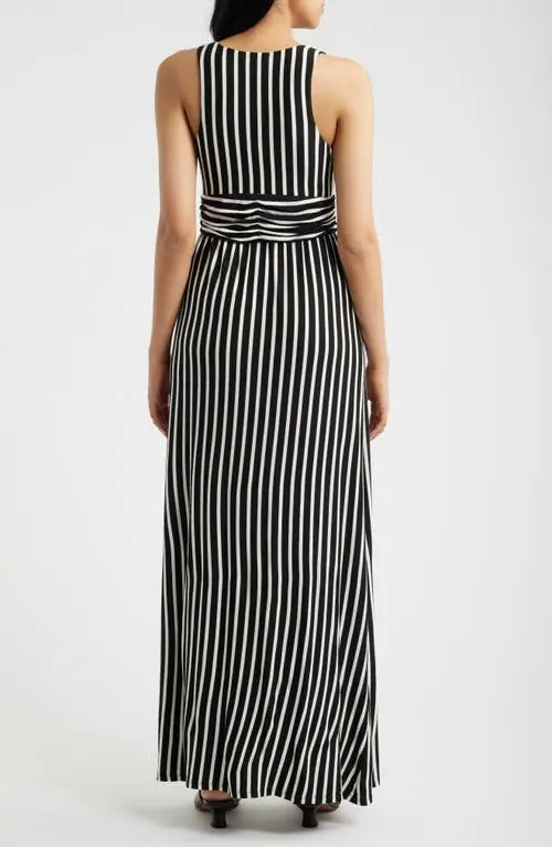 Loveappella Striped V-neck Empire Waist Maxi Dress
