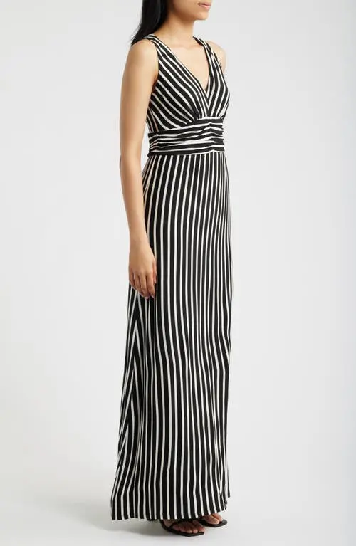 Loveappella Striped V-neck Empire Waist Maxi Dress