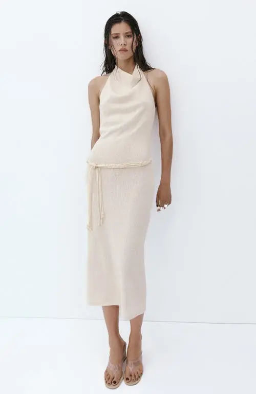 Mango Halter Knit Midi Dress With Beaded Belt