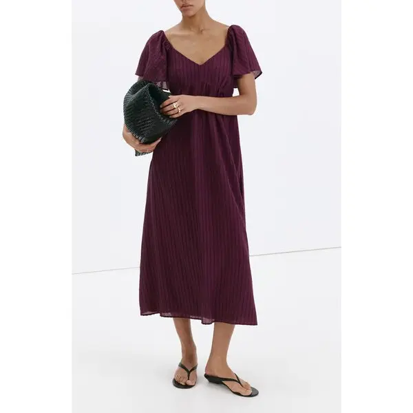 Mango Textured Gathered Empire Waist Maxi Dress - Maroon