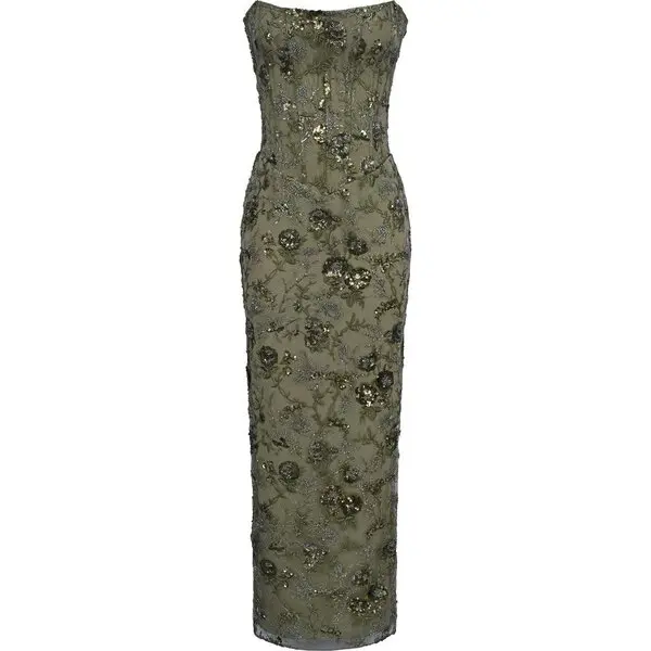 House Of Cb Anisa Hand-beaded Gown - Fir Green