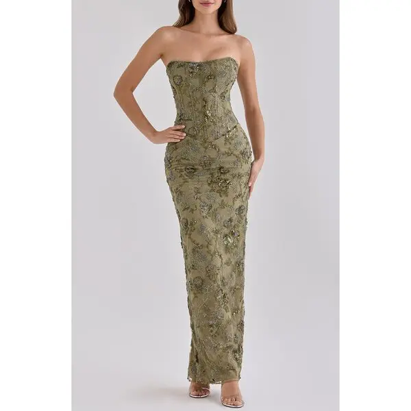House Of Cb Anisa Hand-beaded Gown - Fir Green