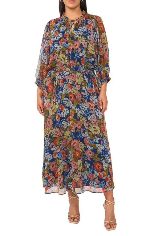 Vince Camuto Floral Tie Neck Maxi Dress - Classic Navy
