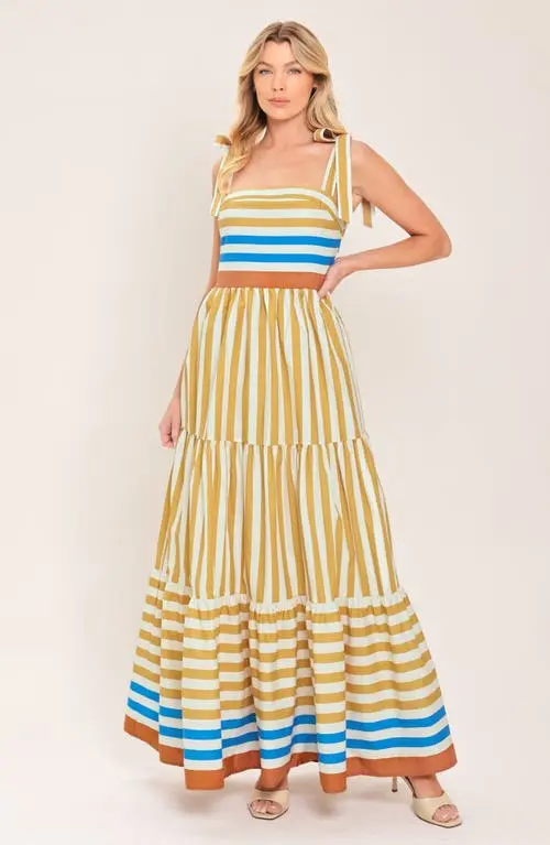FLYING TOMATO Striped Tiered Cotton Maxi Sundress