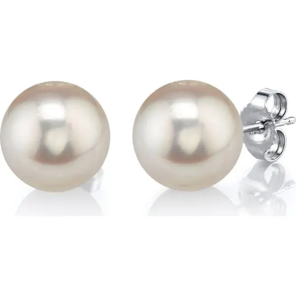 The Pearl Source 10mm White Freshwater Cultured Pearl Stud Earrings - White Gold