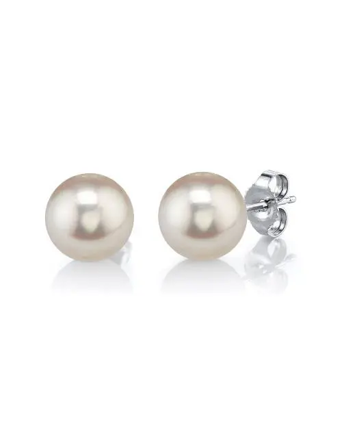 The Pearl Source 7mm White Freshwater Round Pearl Stud Earrings - White Gold