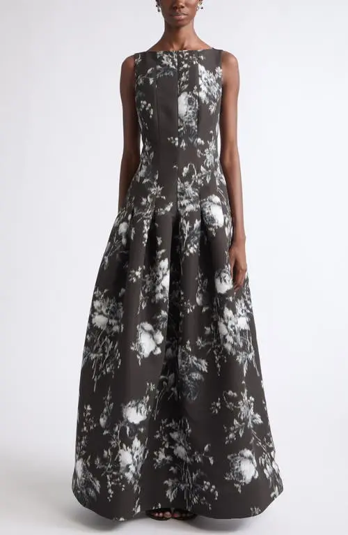 Oscar De La Renta Sleeveless Peony Print Gown - White/carbon