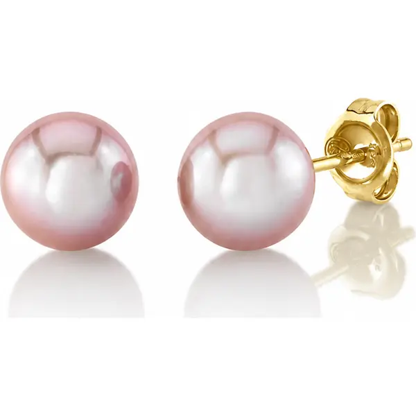 The Pearl Source 8mm Pink Freshwater Pearl Stud Earrings - Yellow Gold