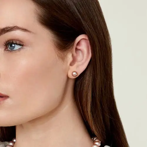 The Pearl Source 8mm Pink Freshwater Pearl Stud Earrings - Yellow Gold