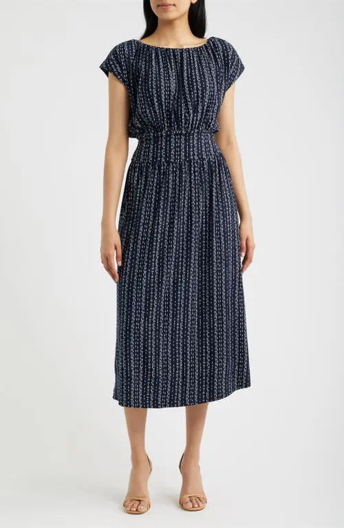 Loveappella Cap Sleeve Smocked Waist Printed Midi Dress