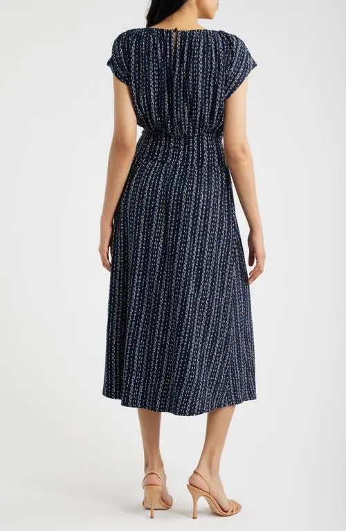 Loveappella Cap Sleeve Smocked Waist Printed Midi Dress