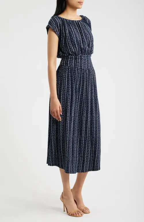 Loveappella Cap Sleeve Smocked Waist Printed Midi Dress