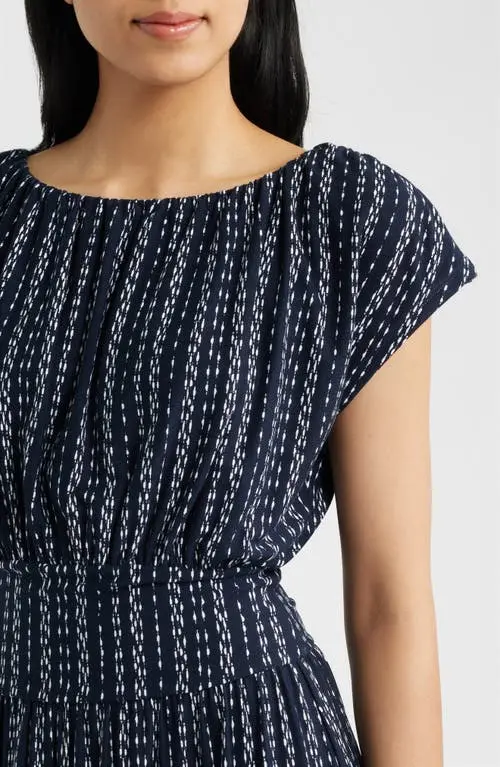 Loveappella Cap Sleeve Smocked Waist Printed Midi Dress
