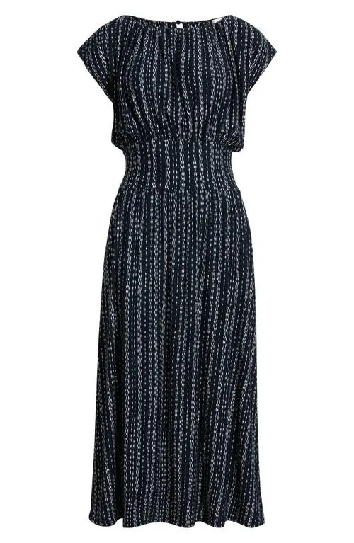 Loveappella Cap Sleeve Smocked Waist Printed Midi Dress