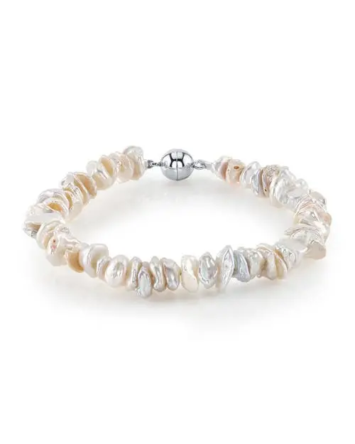 The Pearl Source 8.0-8.5mm White Freshwater Keshi Pearls Bracelet With Magnetic Clasp - White Pearls