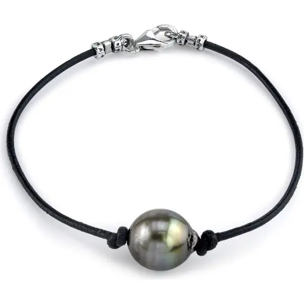 The Pearl Source Tahitian South Sea Baroque Pearl Leather Bracelet - Black Pearl
