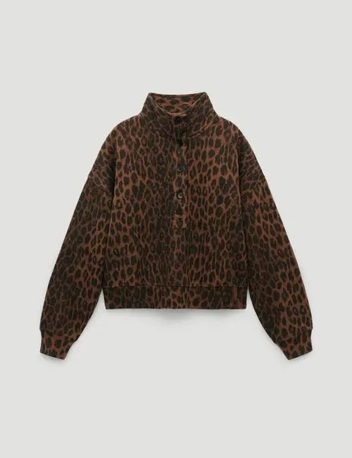 HUSH Hendrix Half Placket Sweatshirt - Brushed Leopard Brown