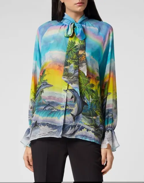 Philipp Plein Silk Chiffon Long Sleeve Shirt With Tropical Print