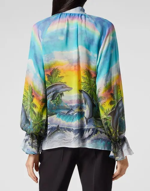 Philipp Plein Silk Chiffon Long Sleeve Shirt With Tropical Print