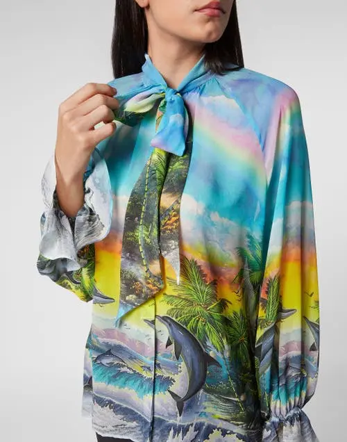 Philipp Plein Silk Chiffon Long Sleeve Shirt With Tropical Print