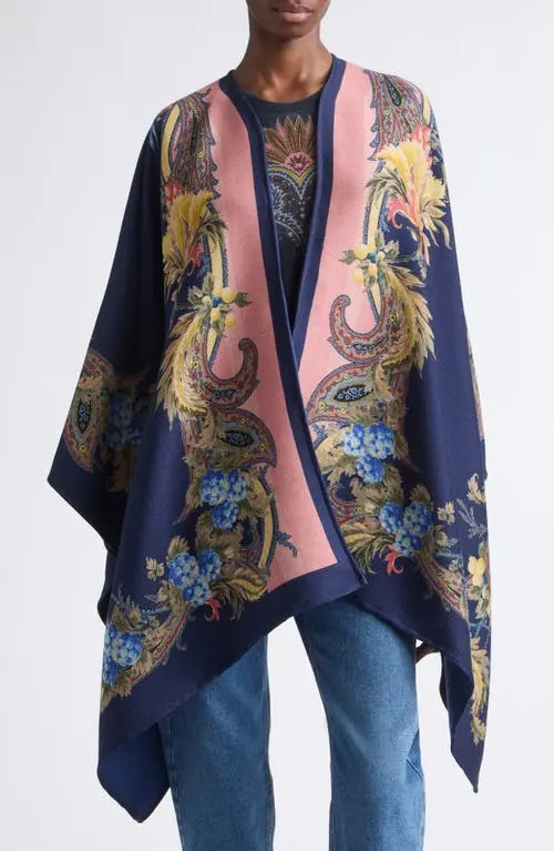 Etro Wool & Modal Cape - Print On Blue Base