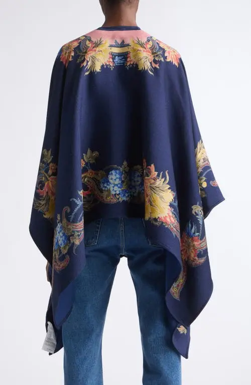 Etro Wool & Modal Cape - Print On Blue Base