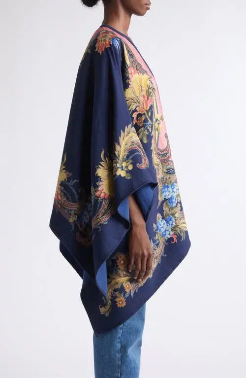 Etro Wool & Modal Cape - Print On Blue Base