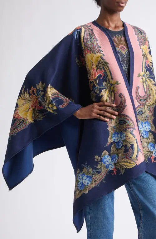Etro Wool & Modal Cape - Print On Blue Base
