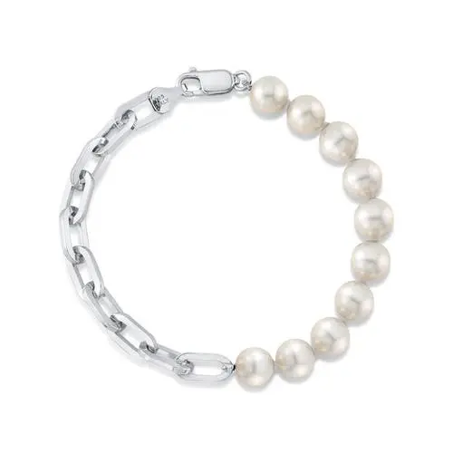 The Pearl Source 7mm White Freshwater Pearl And Chain Bracelet - Sterling Silver