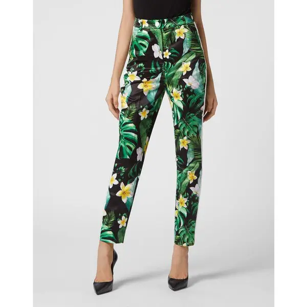 Philipp Plein Duchesse Satin High-waisted Trousers With Tropical Print - Green
