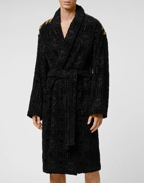 Philipp Plein Terrycloth Robe With Embroidered Eagle Detail - Black/gold