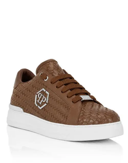 Philipp Plein Hexagon Woven Leather Low Top Sneakers - Cognac