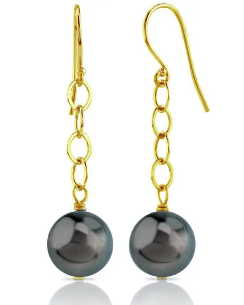 The Pearl Source Tahitian South Sea Round Pearl Dangling Tincup Earrings - Yellow Gold