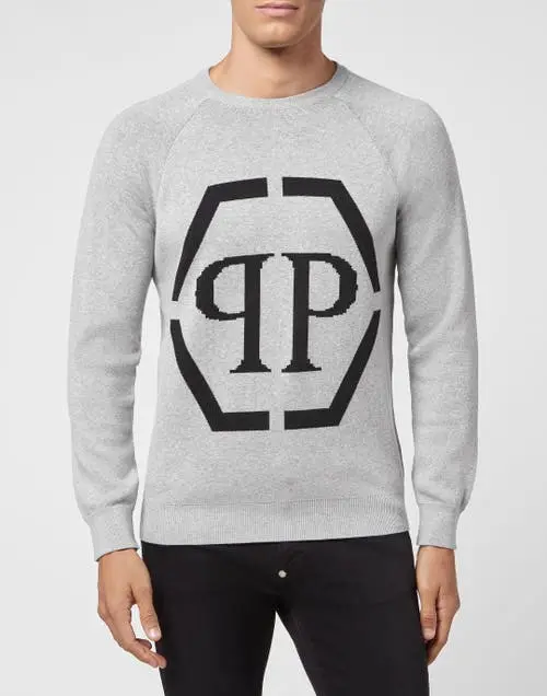 Philipp Plein Round Neck Pullover With Graphic Logo - Grey