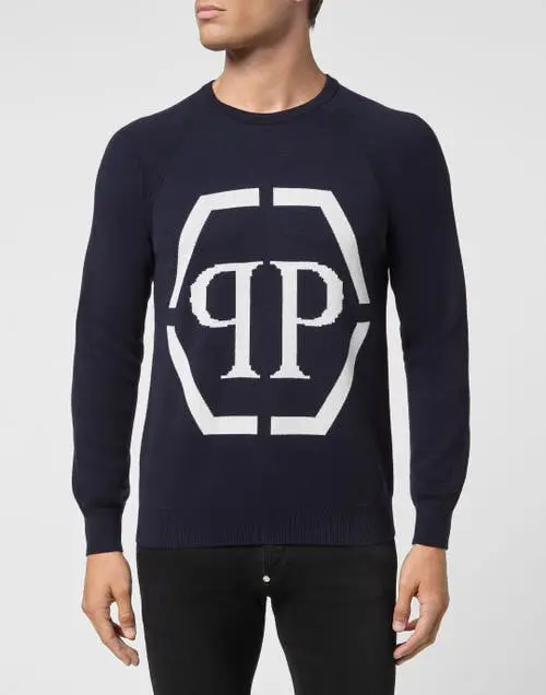 Philipp Plein Round Neck Pullover With Graphic Logo - Navy