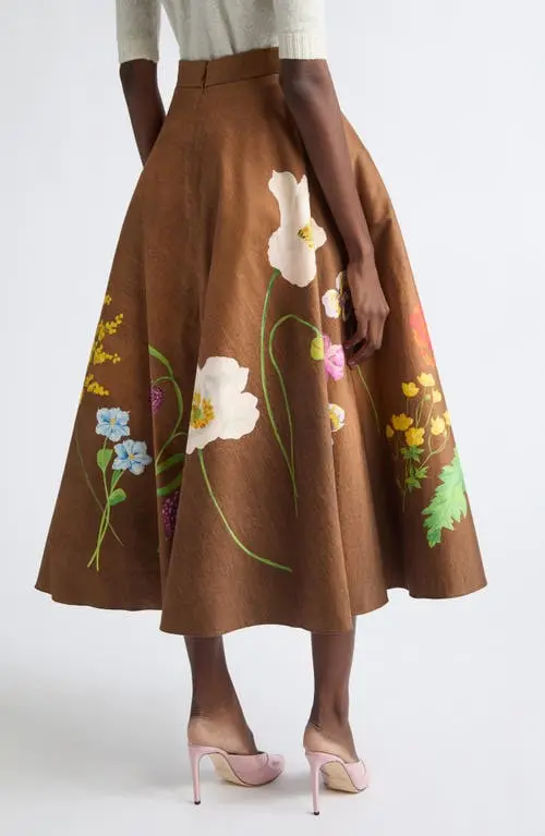 Oscar De La Renta Mixed Botanical Circle Midi Skirt - Brown Multi