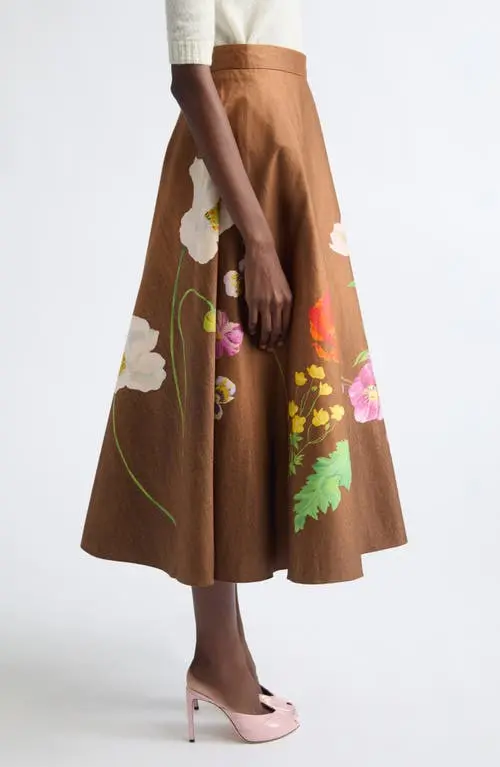 Oscar De La Renta Mixed Botanical Circle Midi Skirt - Brown Multi