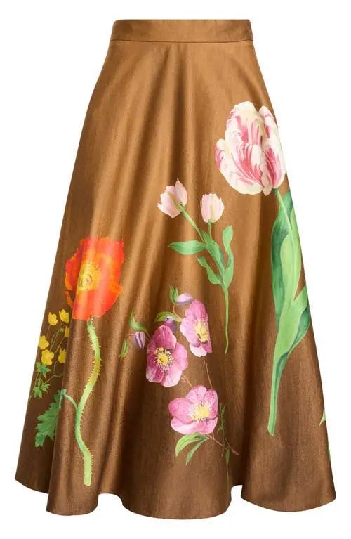 Oscar De La Renta Mixed Botanical Circle Midi Skirt - Brown Multi